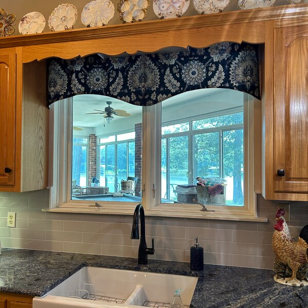 EXTRA Wide Scalloped Valance Navy Blue Floral up to 109" Sliding Door ...