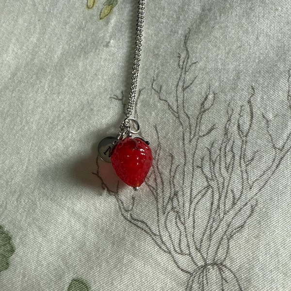 Gold Strawberry Necklace, Handmade Lampwork Charm, Personalized Initial ...