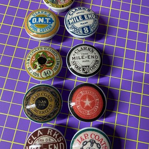 Set of 8, Vintage Sewing Thread Spool Labels Knobs, Cabinet Knobs ...