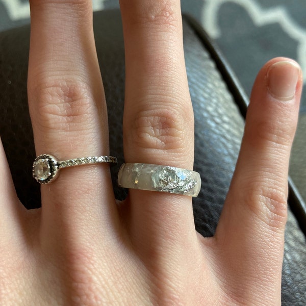 Pearl White Resin Ring With Silver Flakes, Stacking Rings for Women ...