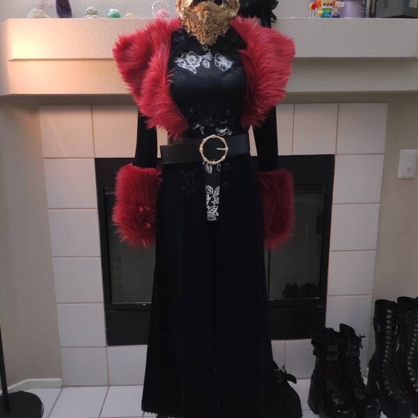 Islington Coat - Red/black - Embossed Velvet Gothic Coat With Faux Fur ...