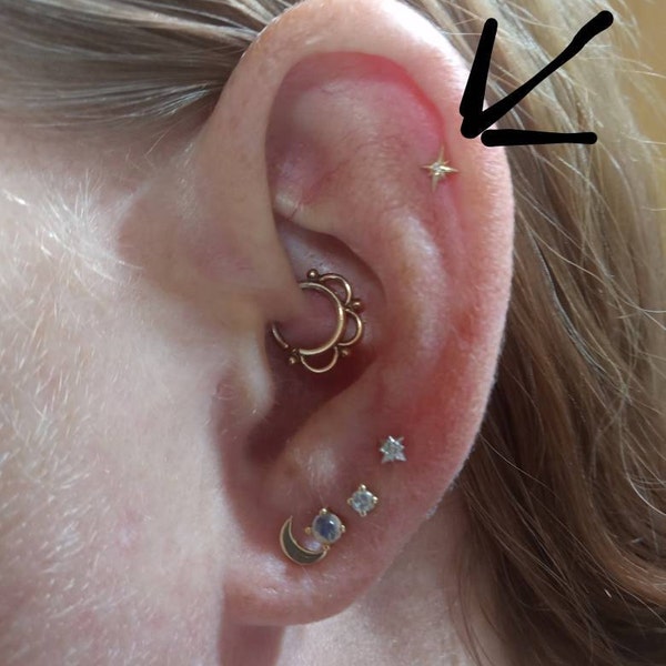 14k Solid Gold Starburst Stud Earring Tiny Star Cartilage Earring ...