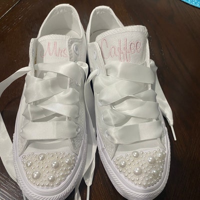 Pearl Toe Wedding Sneaker, Ribbon Laces, Bling, Bride Shoes, Wedding ...