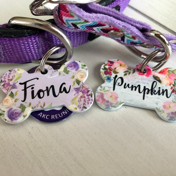 Purple Floral Dog Tag, Custom Pet Tag, Floral Pet Tag Purple, Cute Dog ...