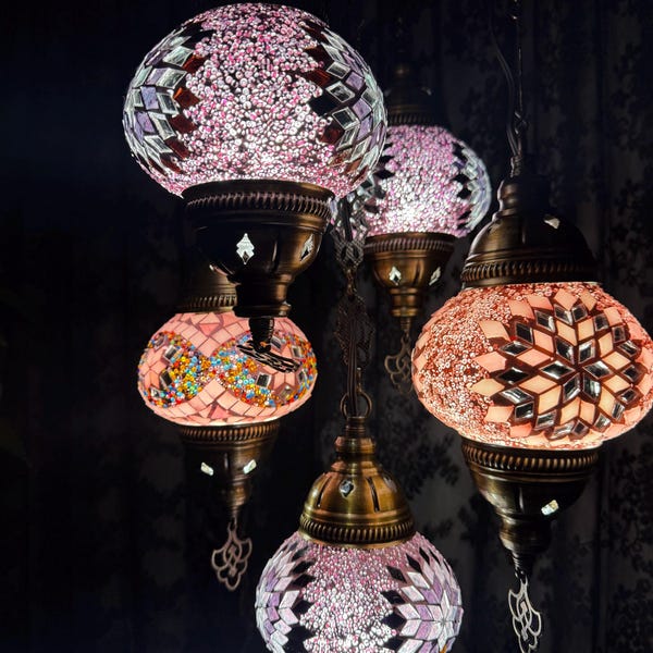 Turkish Ceiling Lighting, Turkish Pendant Lamp, 5 Globe Mosaic Hanging ...