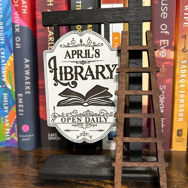 Personalized Book Nook Sign Library, Mini Wooden, With Ladder, Library ...