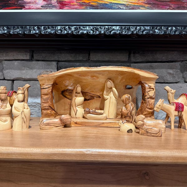 Olive Wood Nativity Set Olive Wood Nativity Set in a Cave Hand Carved ...
