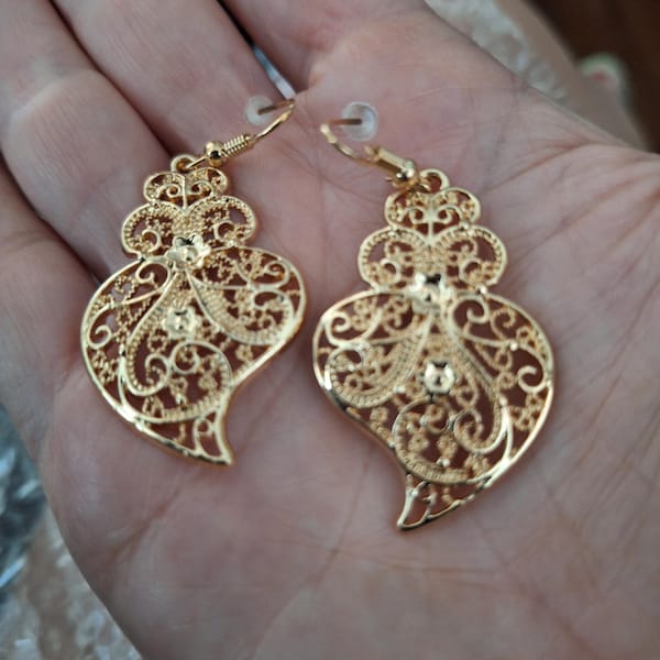 1 Pair of Portuguese Filigree Earrings Gold 4 Cm Charm Heart Flower ...