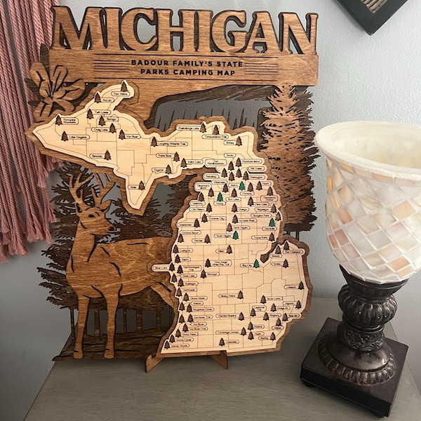 Michigan State Park Travel Map Made of Wood and Customizable Road Trip ...