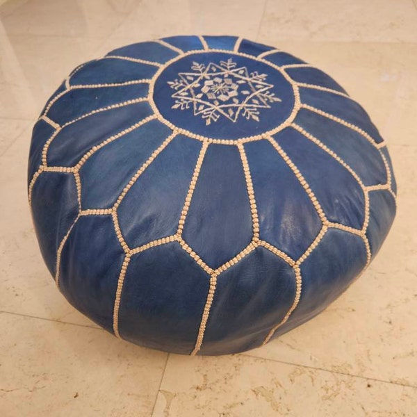 Moroccan Cover POUF With White Stitching Leather Pouf Ottoman Pouf ...