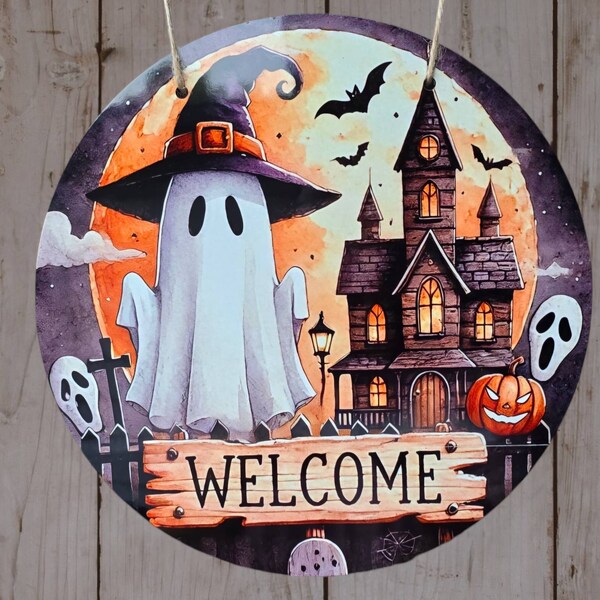 Welcome Sign Ghost Halloween Round Door Hanger, Wreath Sign, Welcome ...