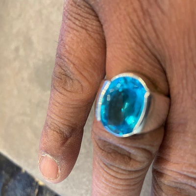 12 Carat Rare Deep Blue London Topaz Mens Square Shape Ring Sterling ...