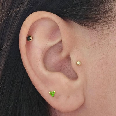 14K Gold Moss Agate Earring Threadless Push Pin Stud Dainty Fan Shape ...