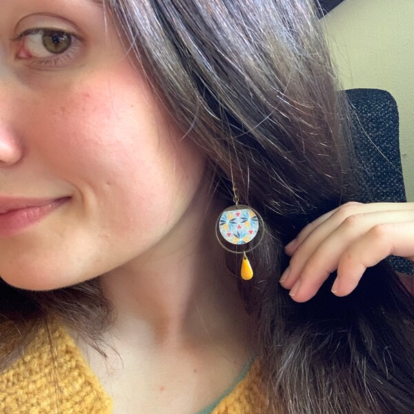 LENA Earrings in Japanese Paper and Mustard Yellow Enameled Sequin - Etsy