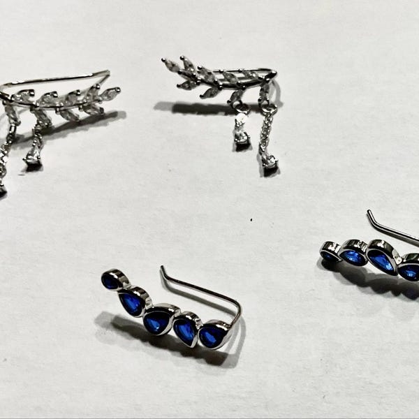 CZ Leaf Crawler Earrings With Dangle Chains in Sterling Silver, Silver ...