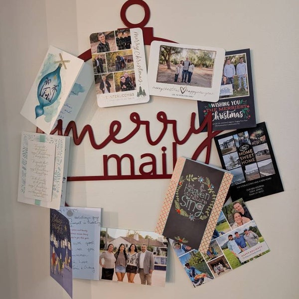 Merry Mail Christmas Metal Sign, Christmas Card Photo Holder, Holiday ...