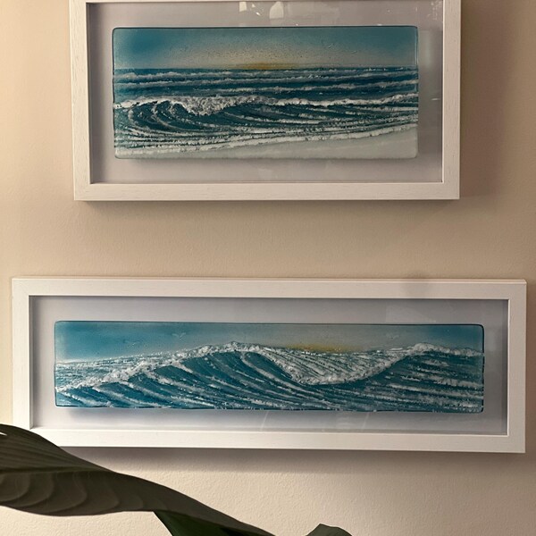 Wave In A Box Fused Glass Wave Wall Art Sun 25x25cm10 Turquoise Teal Blue Seaside Glass Framed