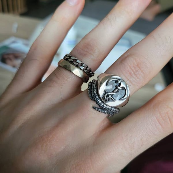 Solid Silver Curb Chain Ring, Oxidized Link Ring, 925 Sterling Silver ...
