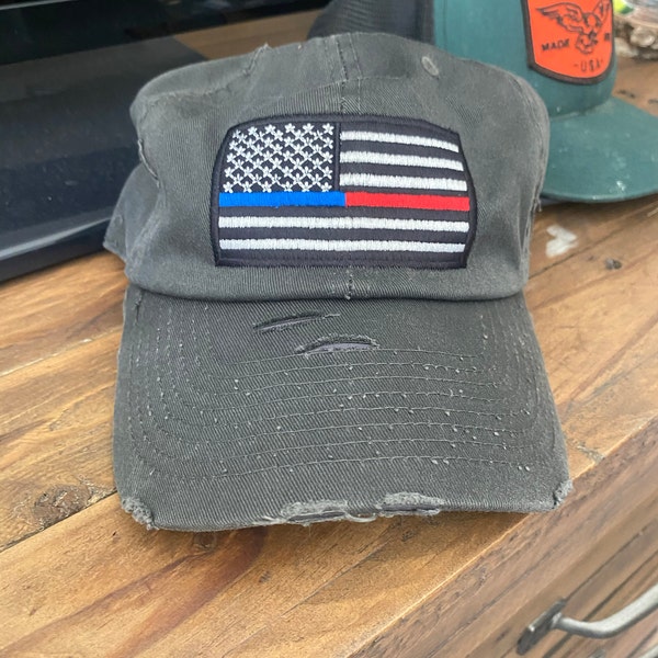 Blue and Red Line Hat | Distressed Baseball Cap OR Ponytail Hat | Thin ...