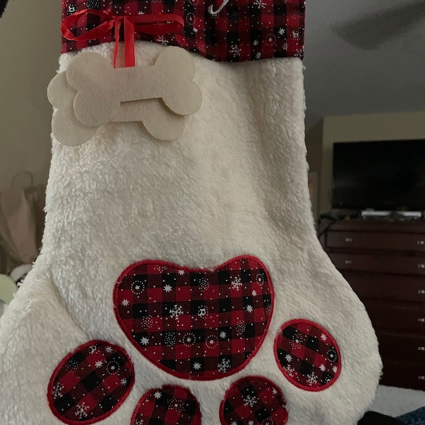 Personalize Dog Stocking, Pet Stocking, Plaid Dog Stocking, Dog Paw ...