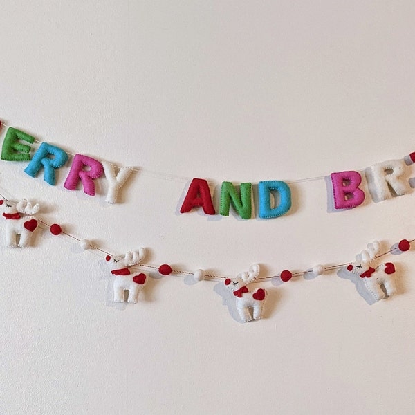 Merry and Bright Garland/ Christmas Garland/ Felt Ball Garland/ Holiday ...
