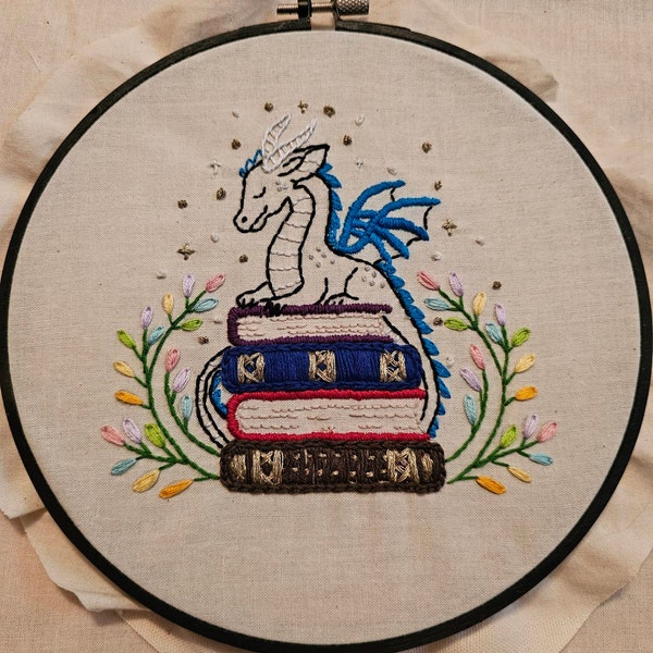 Dragon With Books Hand Embroidery Pattern , Cute Easy Fantasy Magical Beginner Friendly Pattern ...