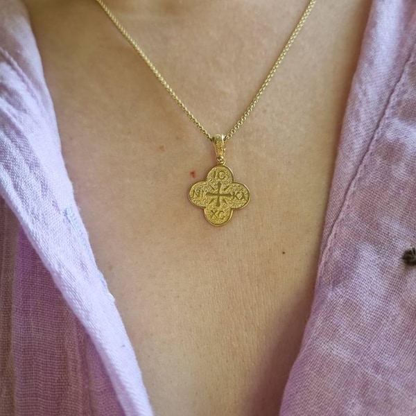 14K Gold Clover Cross Necklace, Greek Orthodox Protection Pendant ...