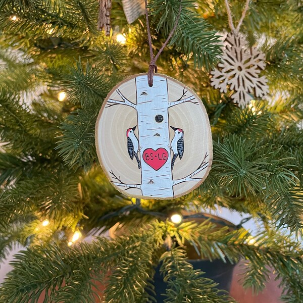 White Birch Tree W/ Red Bellied Woodpecker Bird Couple on Wood Slice ...