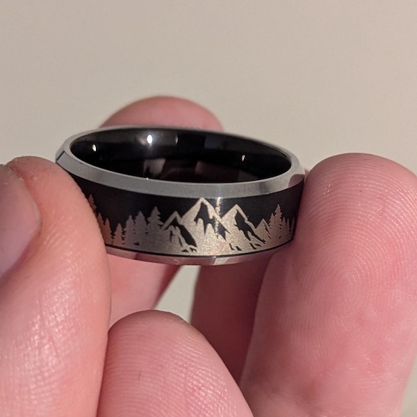 Engraved Mountain Range & Trees Ring, Mens Mountain Range Ring, Mens ...