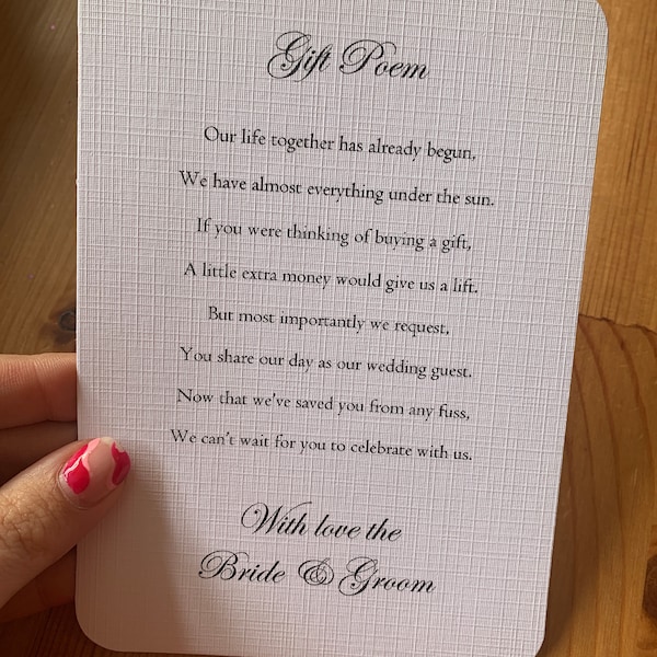 Pack of Wedding Money Gift Poem - Etsy UK