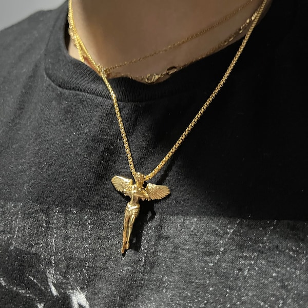 18k Guardian Angel Necklace Gold Angel Necklace Men Gold Angel Pendant ...