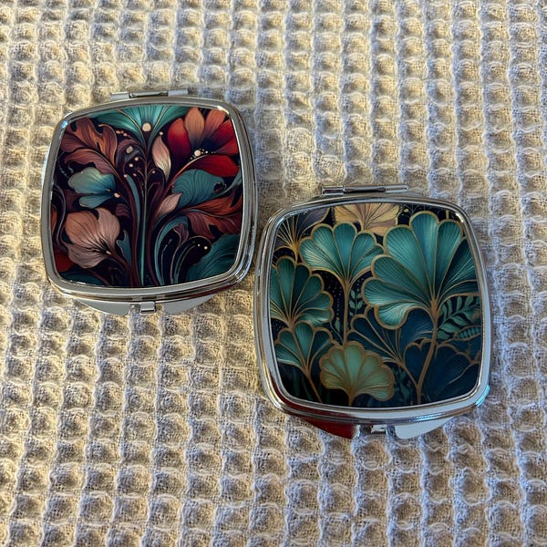 Art Deco Compact Mirror in Teal and Gold, Vintage Pocket Mirror, Makeup ...