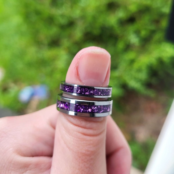 Purple Amethyst Ring Set, Silver Tungsten Ring, His and Hers Wedding ...