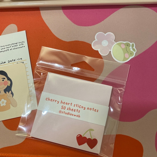 Cherry Hearts Sticky Notes Stationery, Kawaii Stationery, Memo Pad ...