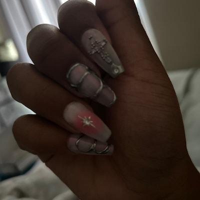 Luxury Pink Cross Nails/ Pink and Ivory Silver Press on Nails/ Silver ...
