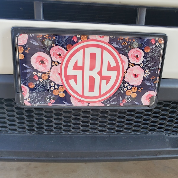 Pink Flower With Navy Background Monogram License Plate - Personalized ...