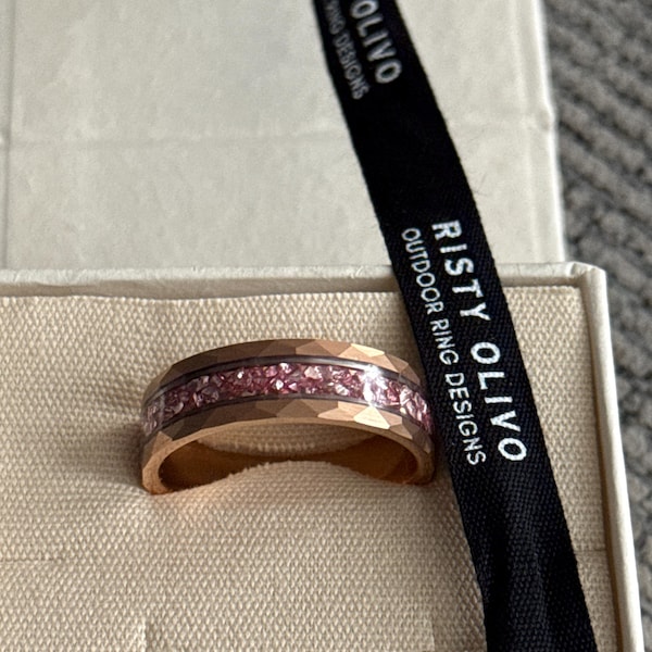 Crushed Morganite Rose Gold Wedding Band 8mm Hammered Tungsten Ring ...