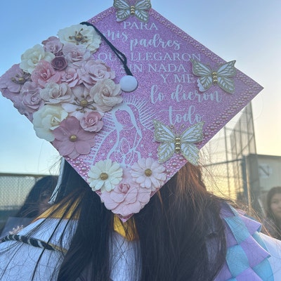 Pink Virgin Mary Graduation Cap, Paper Flowers, Rose Gold Grad Cap ...