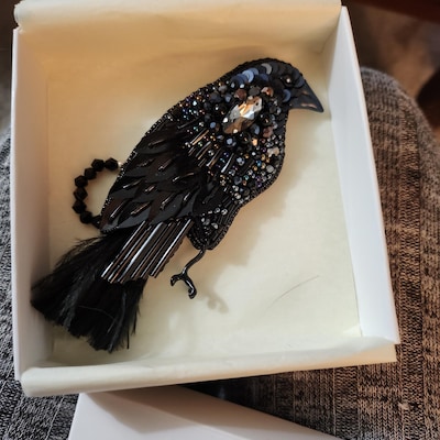 Fine Jewelry Beaded Brooch Pin, Raven Brooch, Black Bird Jewelry ...