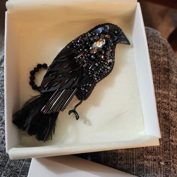 Fine Jewelry Beaded Brooch Pin, Raven Brooch, Black Bird Jewelry ...