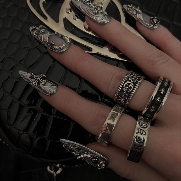 Silver Chrome Cross Heart Press on Nails, Punk Goth Y2K Emo Fake Nails ...