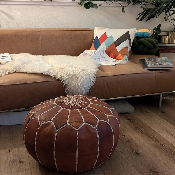 Moroccan Cover POUF With White Stitching Leather Pouf Ottoman Pouf ...