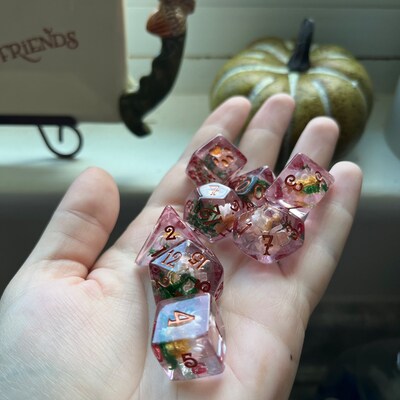 Pink Flowers and Moss Dice Set, TTRPG Dice, Polyhedral Dice, D&D Dice ...