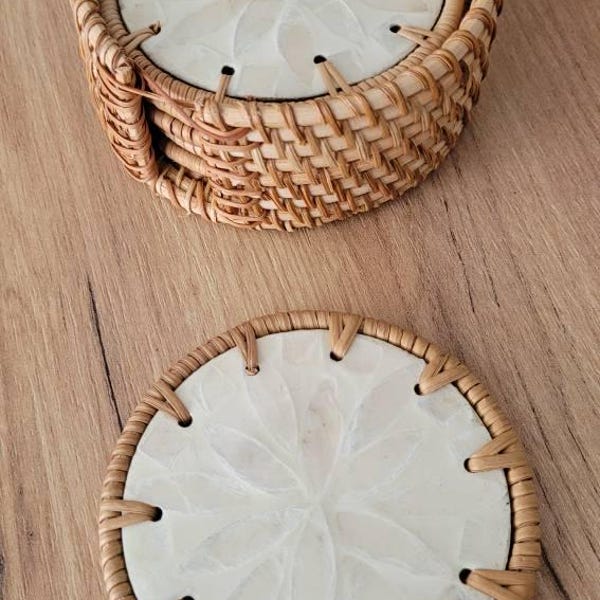 Sunshine Capiz Shell Inlay Round Coasters Set With Holder, 6 Coasters ...