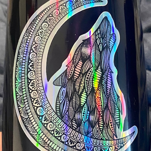 Holographic Moon Wolf Sticker - Wolf Sticker - Moon Sticker ...