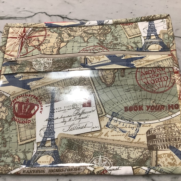 World Map Fabric: Vintage Travel Theme, Compass, Landmarks, 100% ...