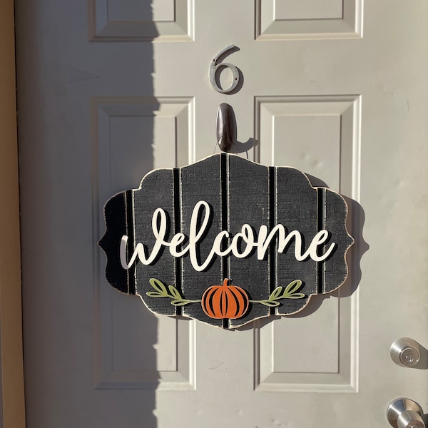 Welcome Pumpkin Door Sign, Rustic Autumn Decor, Fall Door Hanger ...