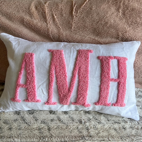 Monogram Pillow Cover With Punch Needle Embroidery, Personalized ...