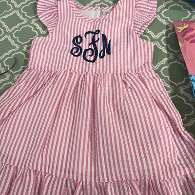 Girls Monogram Dress, Seersucker Dress, Ruffle Short Sleeve ...