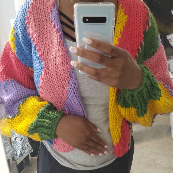 Chunky Knit Cardigan: Colorful Zigzag Design,handmade Cozy Colorblock ...